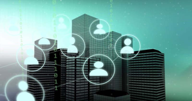 Image of Network of Icons and Binary Coding Over Cityscape Stock Illustration - Illustration of ...