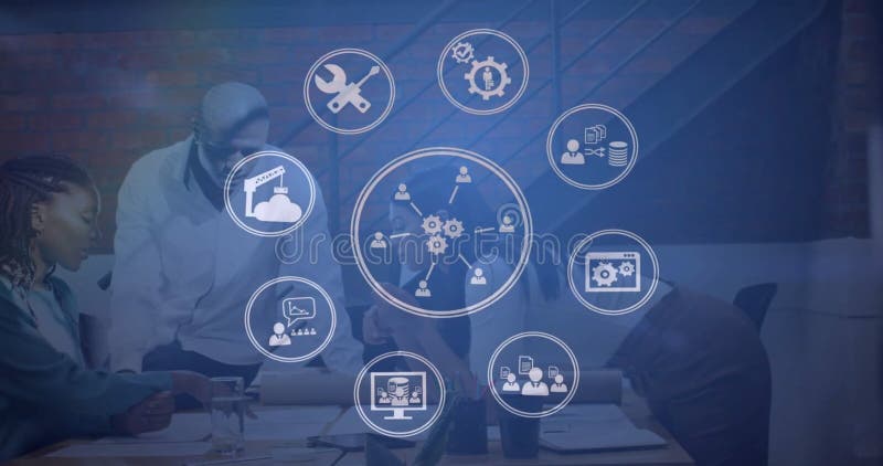 Image of Network of Icons Over Diverse Business People in Office Stock ...