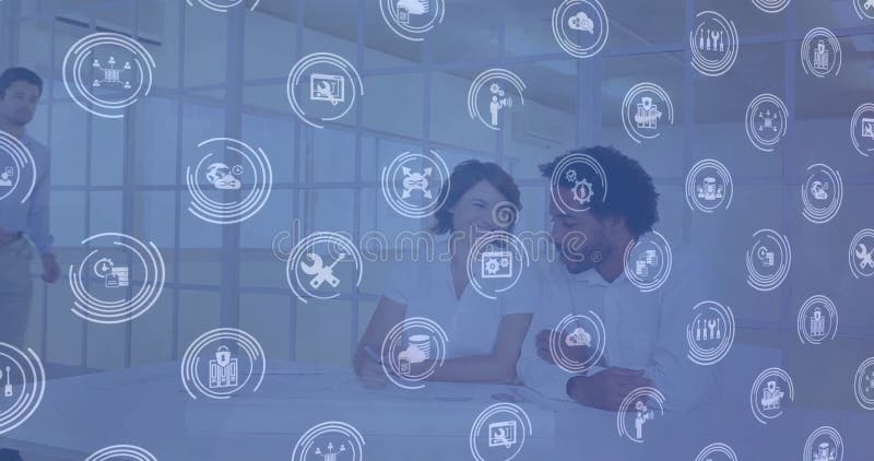 Image of Network of Icons Over Diverse Business People in Office Stock ...