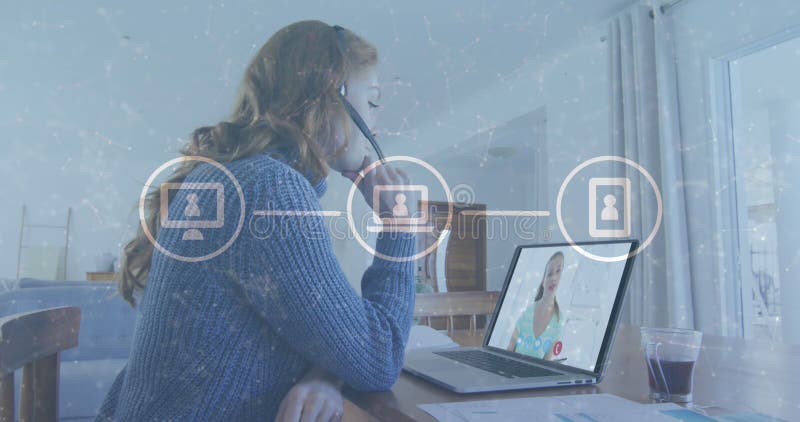 Image of Network of Icons Over Woman Using Laptop on Image Call Stock Photo - Image of ...