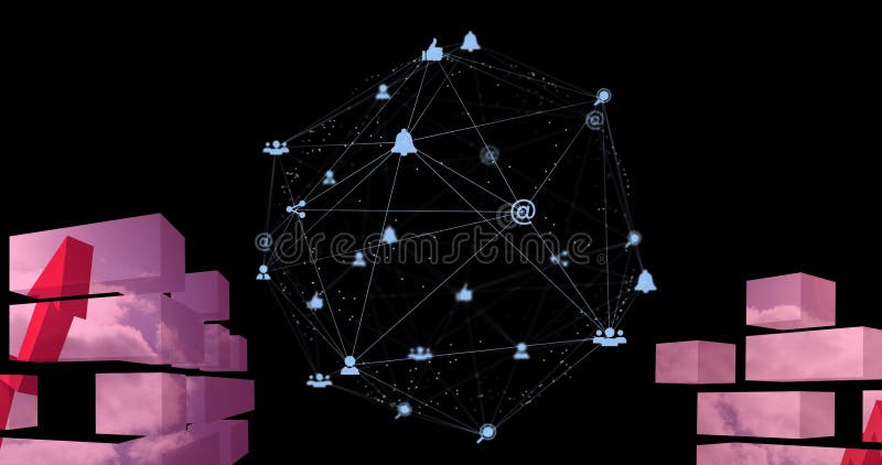Image of Network of Media Icons with Pink Blocks and Upward Arrow on ...