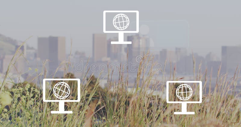 Image of Network of Screen Icons with Globes and Envelopes Over ...