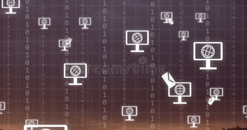 Image of Network of Screen Icons with Globes Over Landscape Stock ...