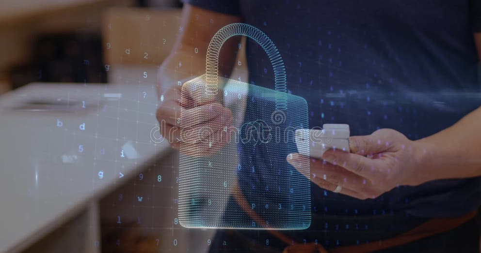 Image of Network Security Padlock Over People Using Payment Terminal ...