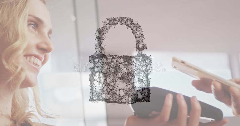 Image of Network Security Padlock Over People Using Payment Terminal ...