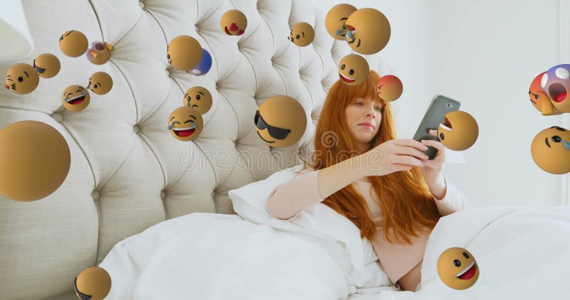 Image of Network of Social Media Emojis Over Woman Using Smartphone ...