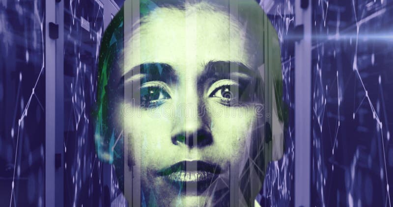 Image of Networks of Connections Over Caucasian Woman Face and Computer ...