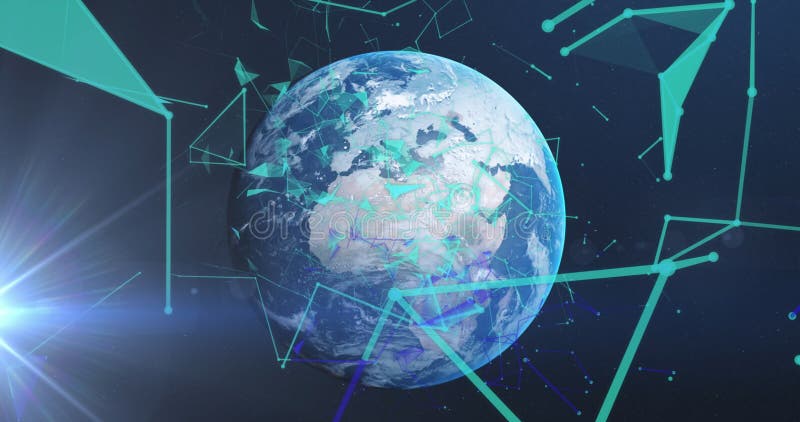 Image of Networks of Connections and Triangles Over Globe on Blue ...