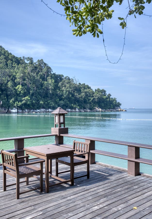 Nice Wooden Dining Table at Beachfront Stock Photo - Image of cafe ...