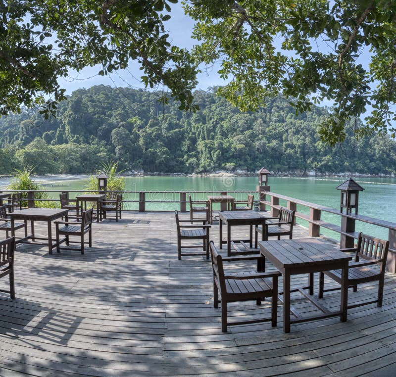 Nice Wooden Dining Table at Beachfront Stock Photo - Image of landscape ...