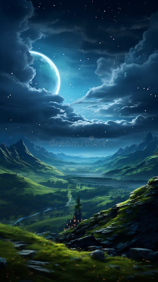 Image of Night Sky with Mountains and River. Generative AI Stock ...