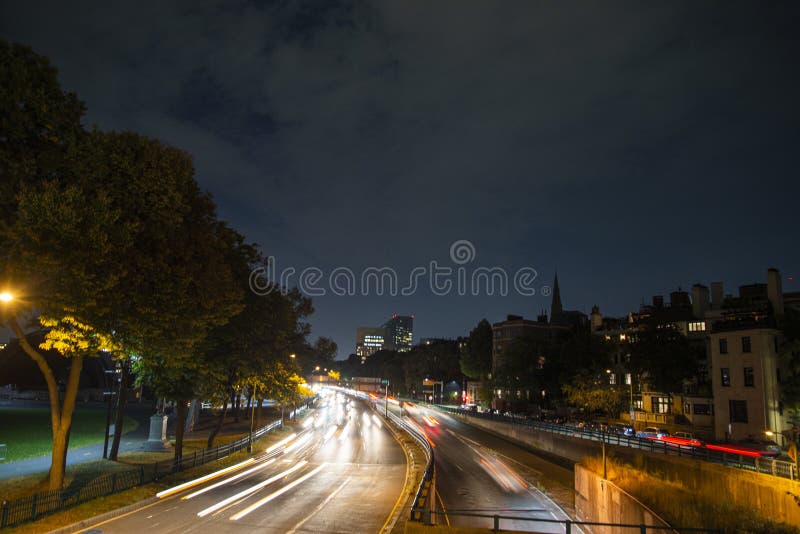 Night traffic in Boston stock photo. Image of fast, long - 159855036