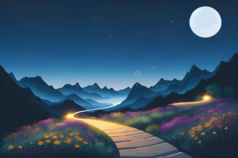 Serene Nighttime Landscape Featuring a Pathway with Flowers, Moon, and ...