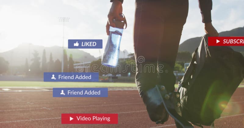 Image of Notification Bars, Biracial Athlete Walking in Race Track with ...