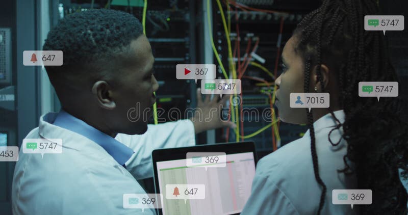 Image of Notification Bars Over African American Engineers Discussing ...