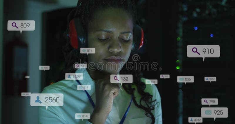 Image of Notification Bars Over African American Woman with Headphone ...