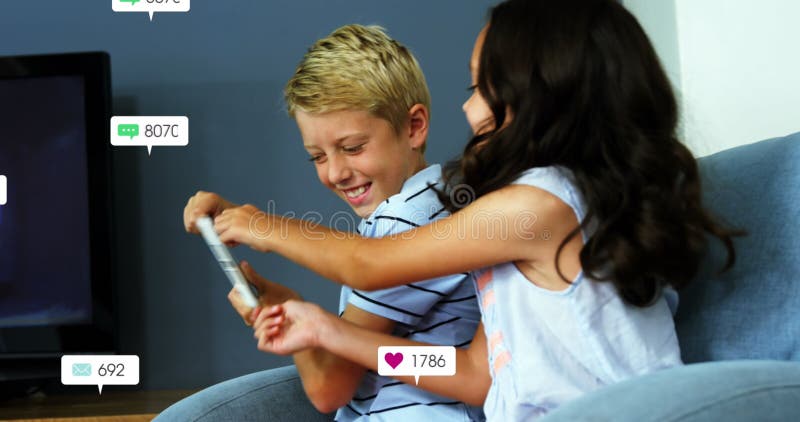 Image of Notification Bars Over Diverse Children Trying To Digital ...