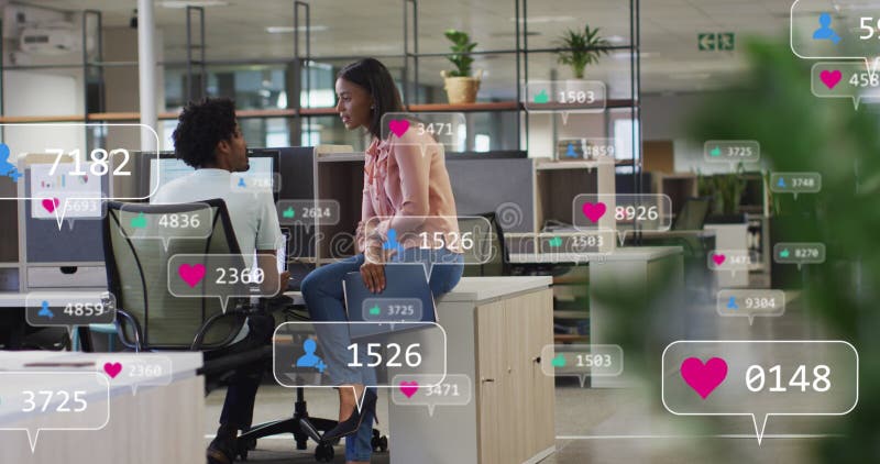 Image of Notification Bars Over Diverse Coworkers Discussing on Desk in ...
