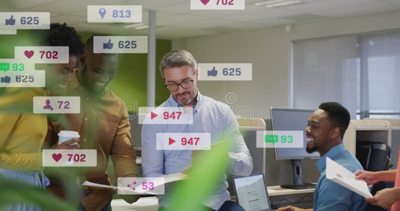 Image of Notification Bars Over Diverse Coworkers Using Tablet, Smiling ...