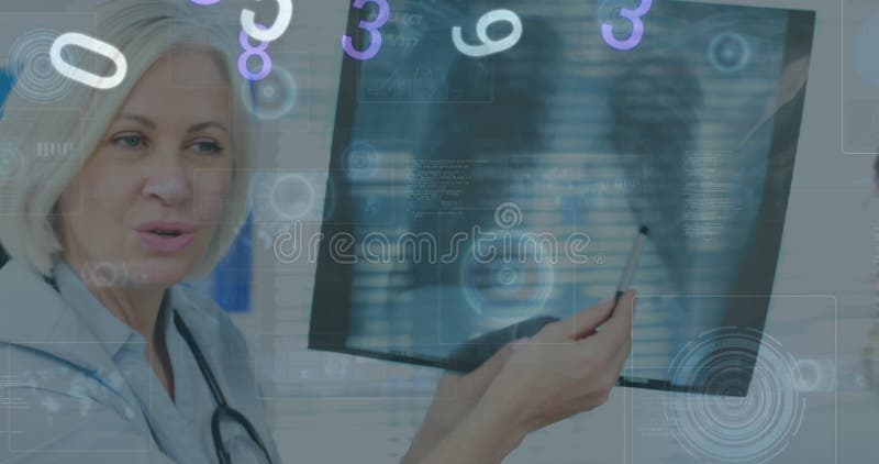Image of Numbers Changing and Scopes on Screens Over Female Doctor with ...