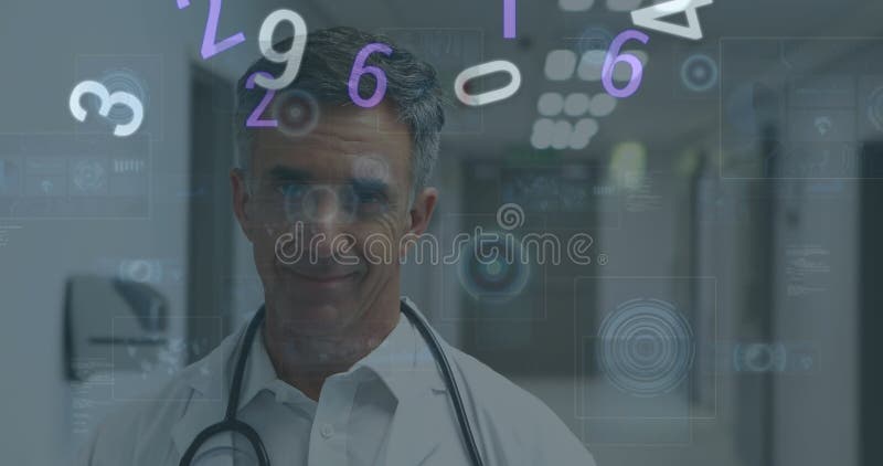Image of Numbers Changing and Scopes on Screens Over Male Doctor with ...