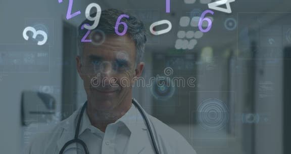 Image of Numbers Changing and Scopes on Screens Over Male Doctor with ...