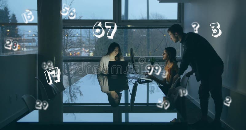 Image of Numbers Moving Over People Working Late in Office Using ...