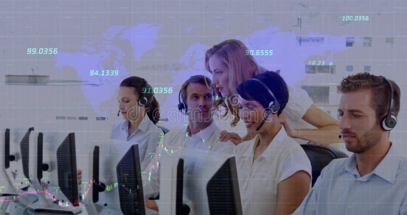 Image of Numbers Over World Map Against Diverse Customer Care ...