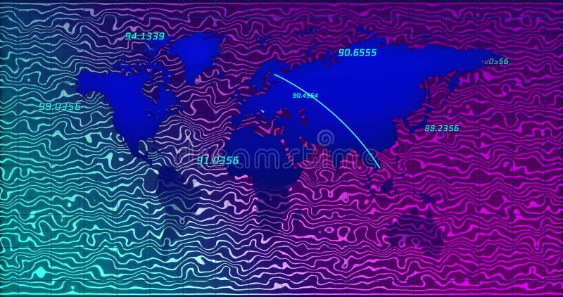 Image of Numbers Over World Map on Background with Green and Purple ...