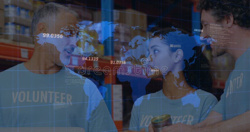 Image of Numbers Processing Over World Map and People Working in ...