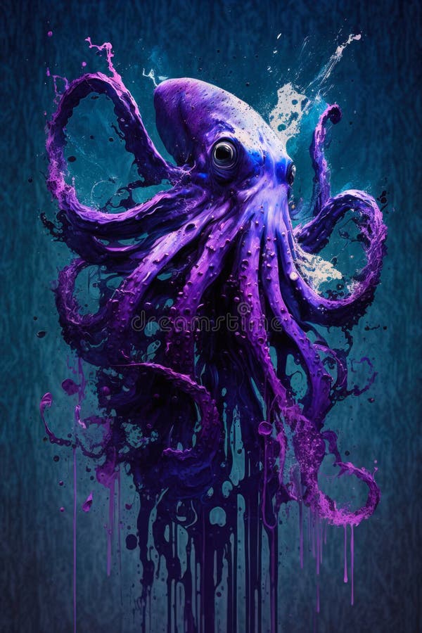 Image of Octopus with Purple Paint on it S Body and Blue Background ...
