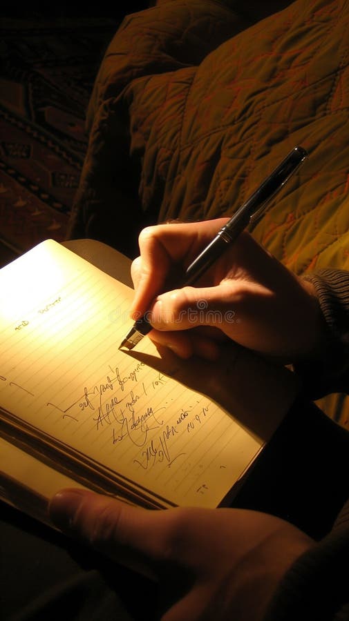 Hands Writing Notes in Journal Illuminated by Soft Warm Glow Lamp Cozy ...