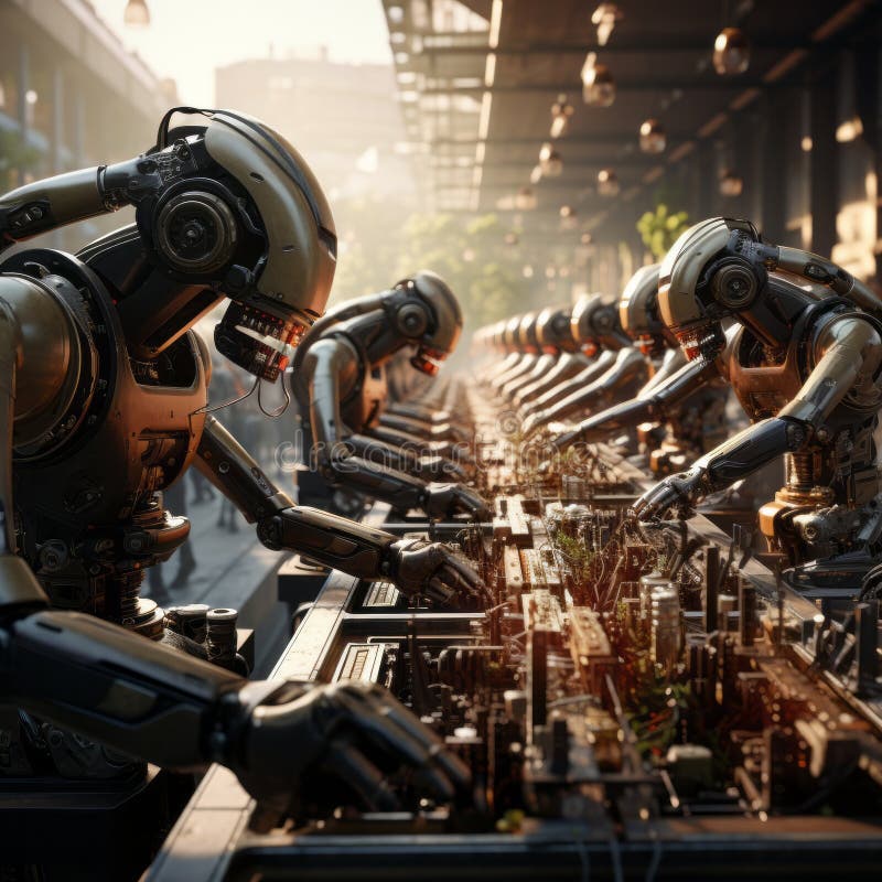Futuristic Robotic Assembly Lines with Robots Assembling Machines Stock ...
