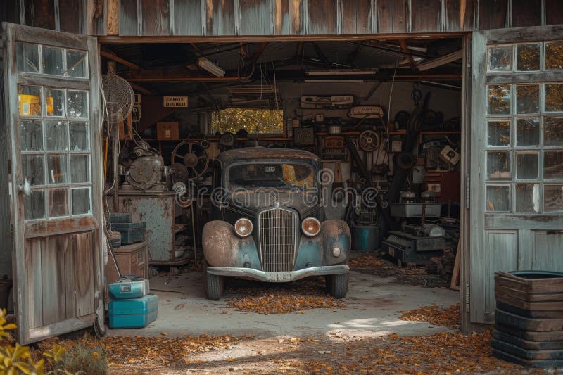 An Image of an Old Car Parked Inside a Garage, an Old, Rustic Garage ...