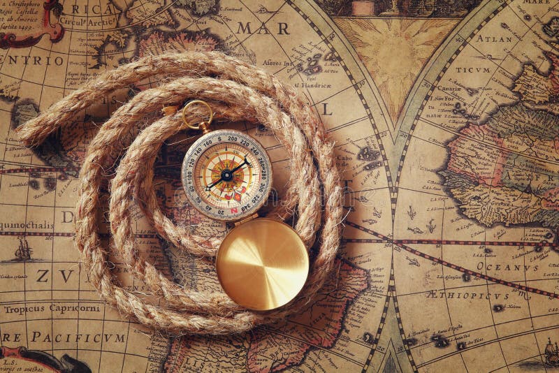 Image of Old Compass and Rope on Vintage Map Stock Image - Image of ...