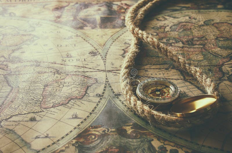 Image of Old Compass and Rope on Vintage Map Stock Photo - Image of ...