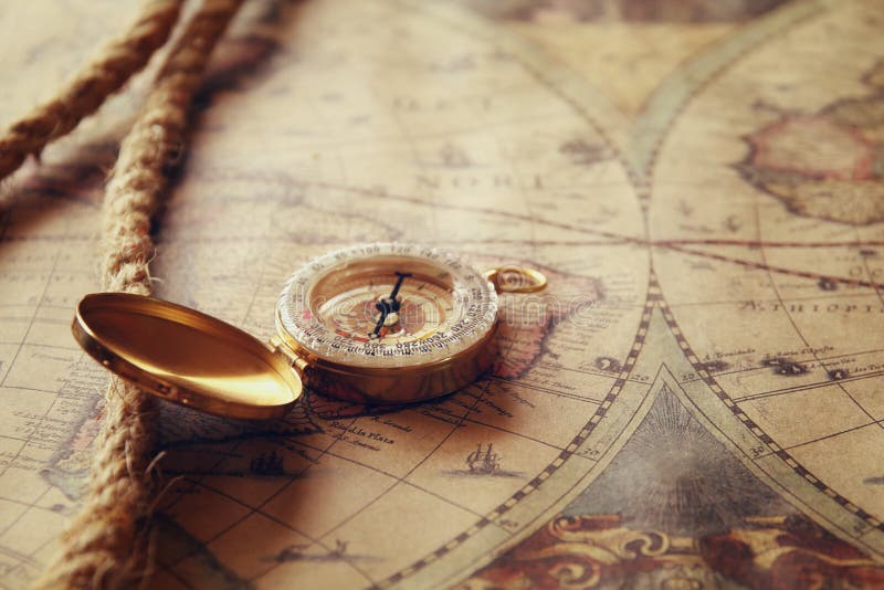 Image of Old Compass and Rope on Vintage Map Stock Photo - Image of ...