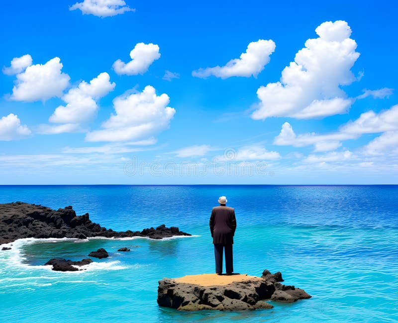 Old Man Staring at the Ocean Under a Blue Sky with Clouds Stock ...
