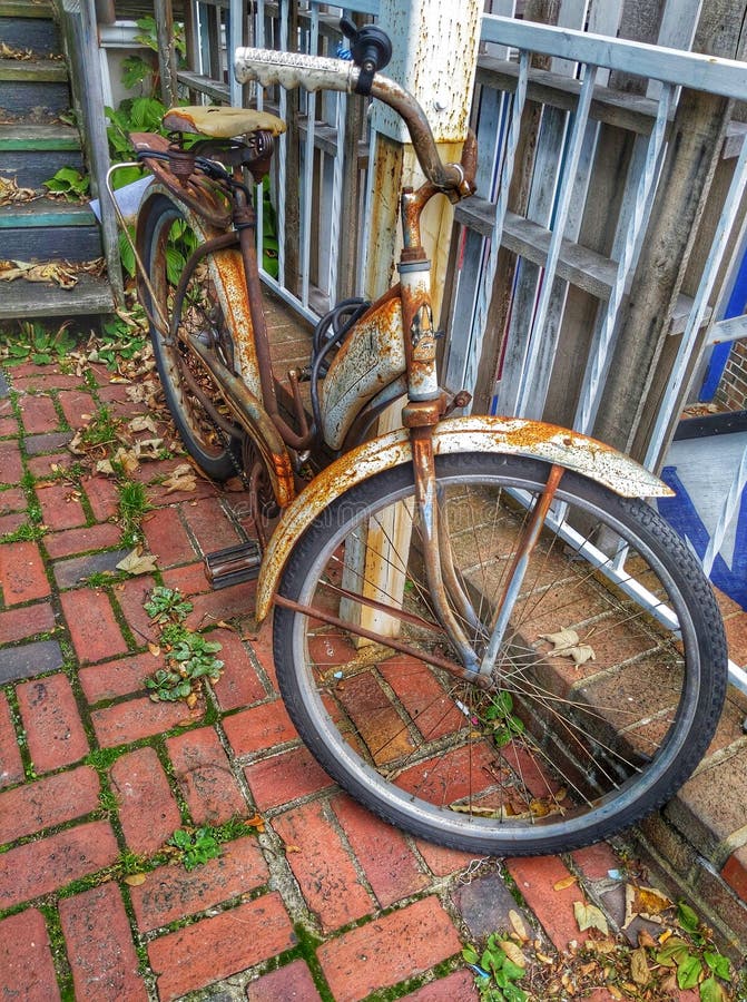 Old Rusty Bicycle Sitting on Brick Walkway Stock Photo - Image of bike ...