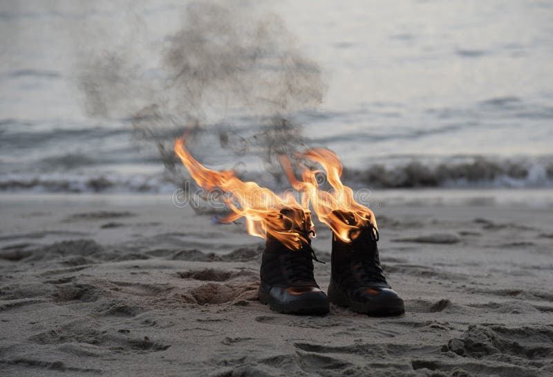 Old Thrown Away Leather Boot on Flame by the Beach. Stock Photo - Image ...