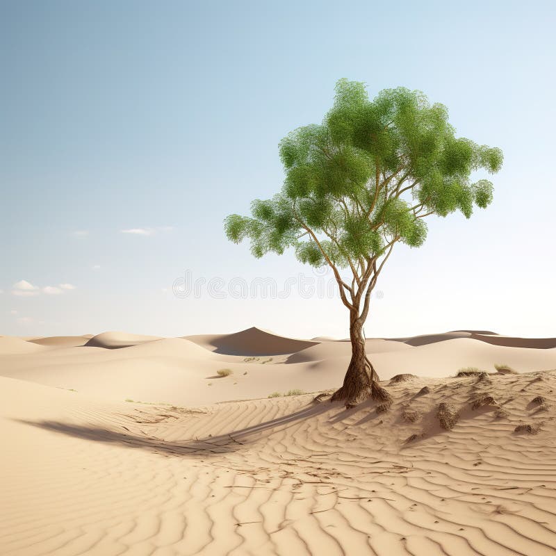 Image of One Green Tree in the Middle of the Dry Desert. Illustration ...