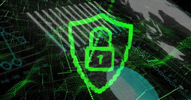 Image of Online Security Padlock Data Processing Over Green Mesh Stock ...