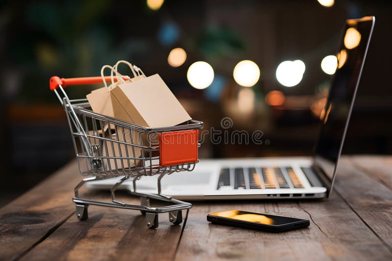 Image Online Shopping Concept Cart, Laptop on Table Stock Illustration ...