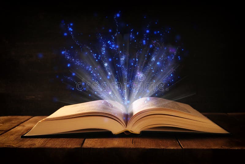Image of Open Antique Book on Wooden Table with Glitter Overlay. Stock ...