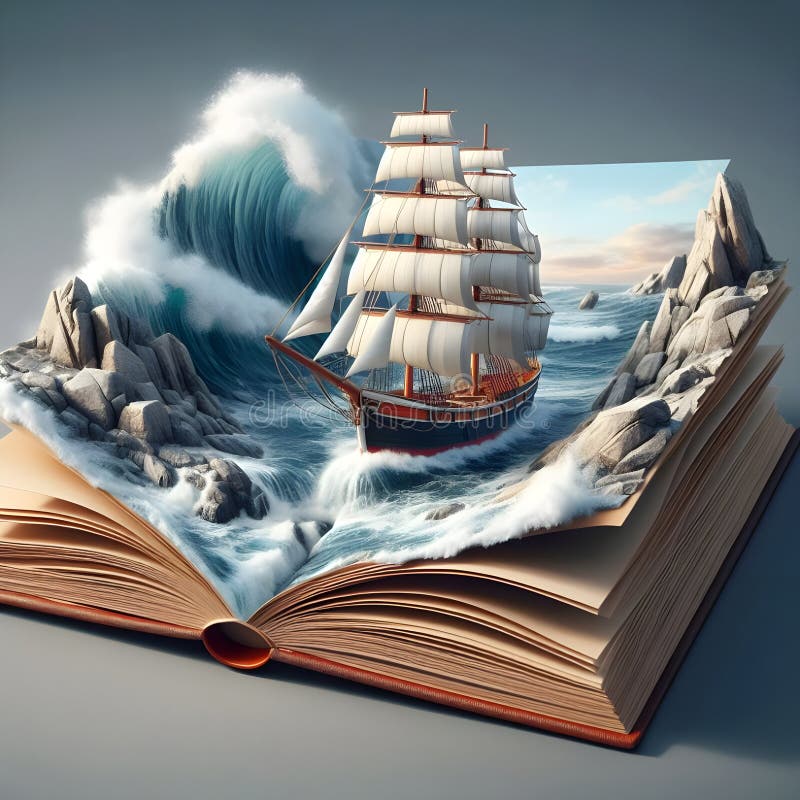 Image of an Open Book with 3 Dimensional Photo of a Sailing Ship on a ...