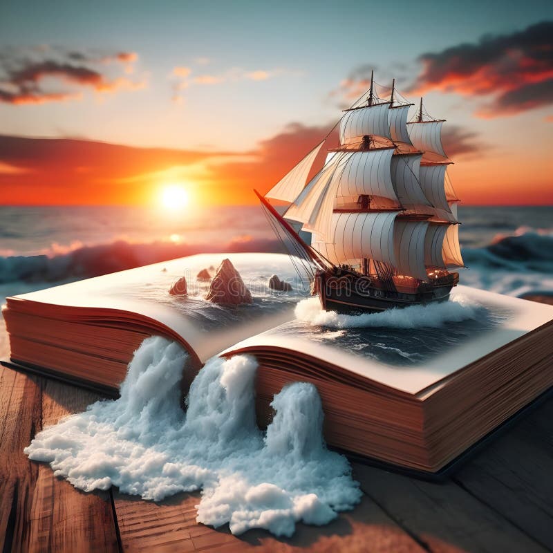 Image of an Open Book with 3 Dimensional Photo of a Sailing Ship on a ...