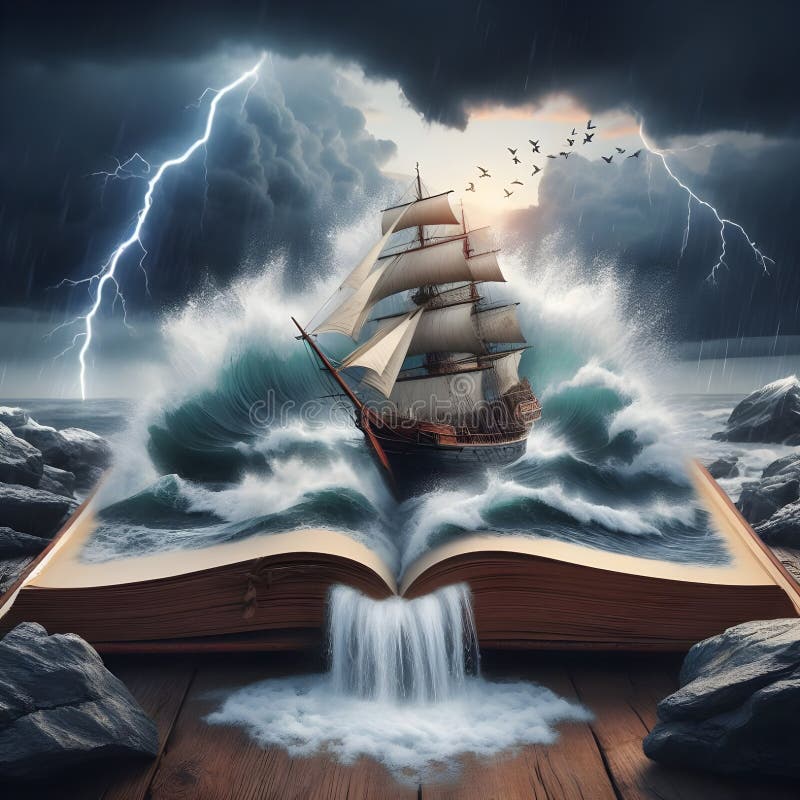 Image of an Open Book with 3 Dimensional Photo of a Sailing Ship on a ...