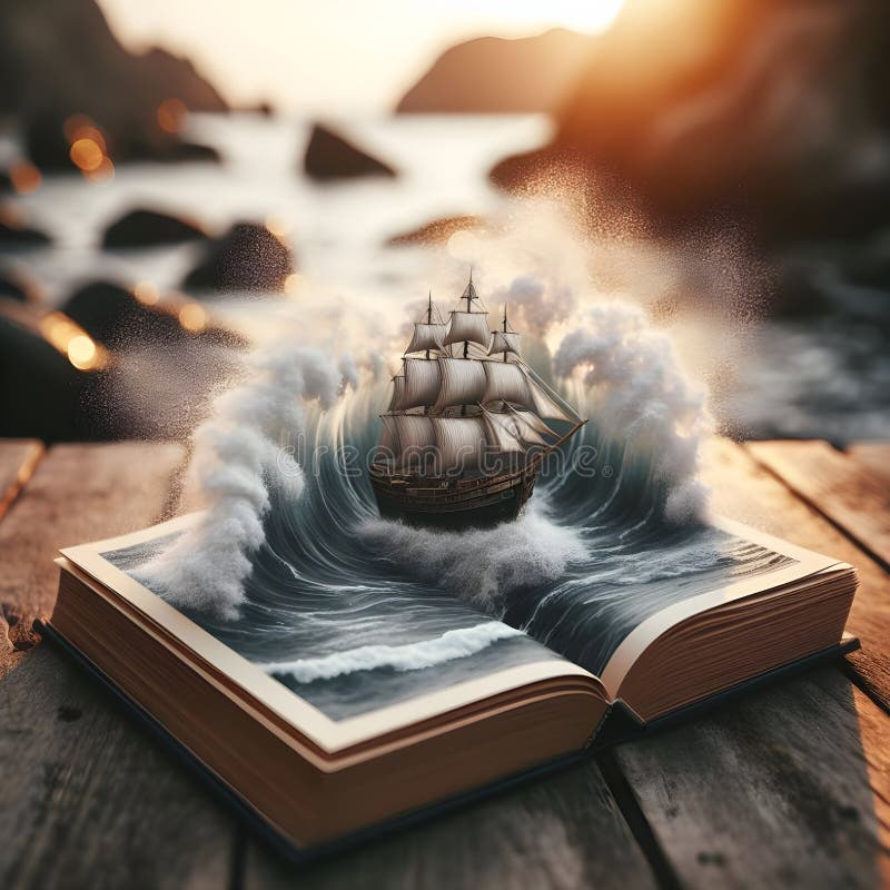 Image of an Open Book with 3 Dimensional Photo of a Sailing Ship on a ...