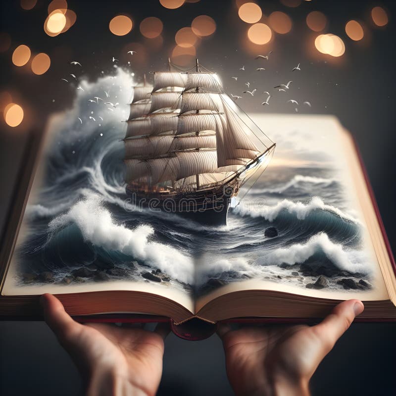 Image of an Open Book with 3 Dimensional Photo of a Sailing Ship on a ...