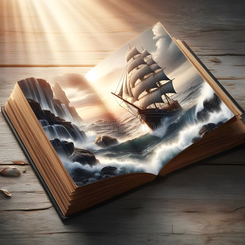 Image of an Open Book with 3 Dimensional Photo of a Sailing Ship on a ...